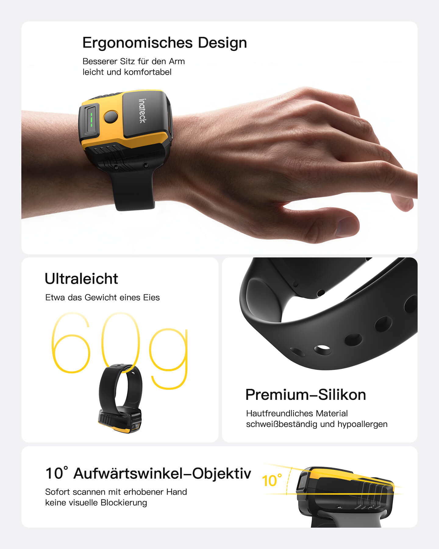 Nano 370 Barcode Scanner Kabellos 2D, Armbanduhr-Stil, QR Code Scanner ...