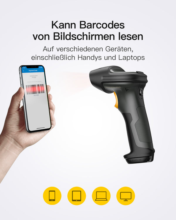 P7 1D Barcodescanner mit 2.4GHz, kabellos bis 100m, Bluetooth, Display – Inateck Office DE