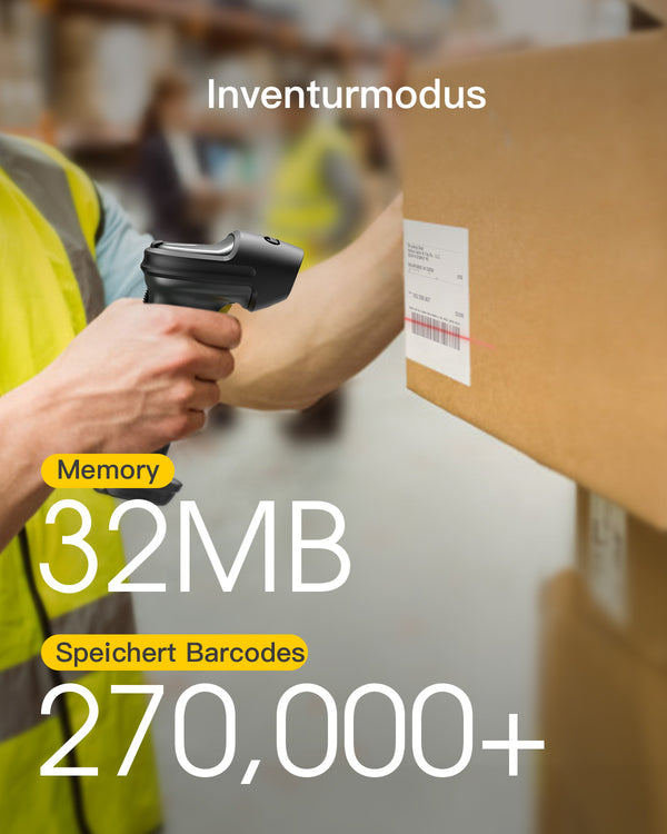 P7 1D Barcodescanner mit 2.4GHz, kabellos bis 100m, Bluetooth, Display ...